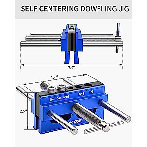 DAYDOOR Wide Capacity Self Centering Doweling Jig Kit, Adjustable Width Dowel Jig for Woodworking, 6.7inch Centering Jig for Straight Holes Biscuit Joiner Set with 6 Bushings and 3 Drill Bits(Blue)