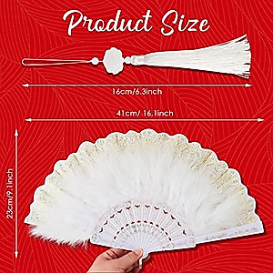 2 Pieces Feather Hand Fan Embroidered Flower Marabou Feather Fan 1920s Feather Fan Hand Fan Folding Hand Fan Drag Queen Fan for 20s Women Costume Party Dancing Photoshoot Wedding Decor (White, Black)