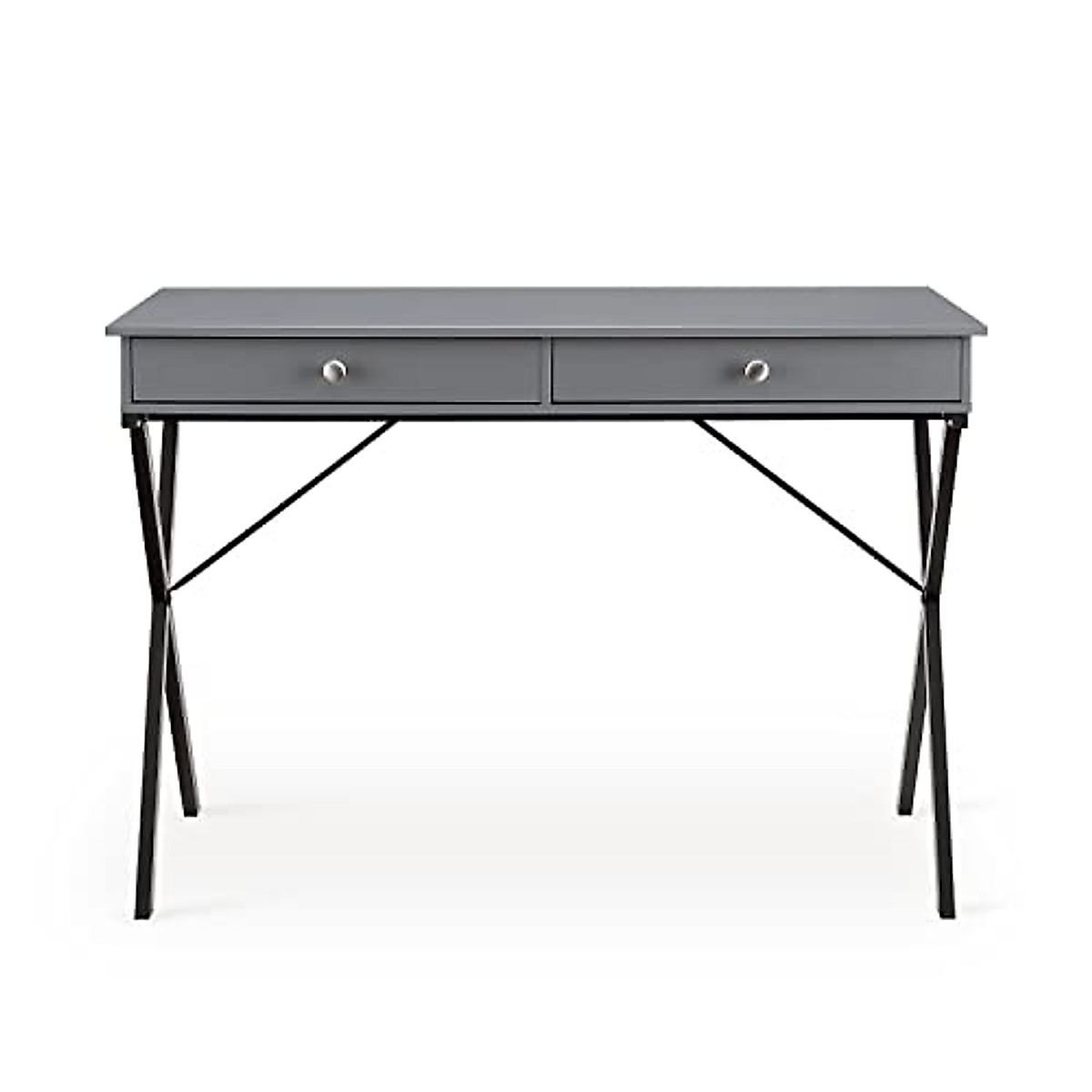HomSof Frost Grey Finish 2 Drawers Writing Desk with Black Stoving Varnsih Steel Frame，MDF Table Top, Gray,42"