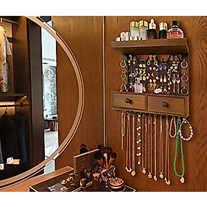Wall Mounted Hanging Jewelry Organizer with 2 Big Storage Wooden Drawers + Honeycomb Earring Holder. Jewelry Stand with 2-layer Shelves +18 Necklace Hooks Display Bracelet, Ear Studs, Ring. Girl Gift