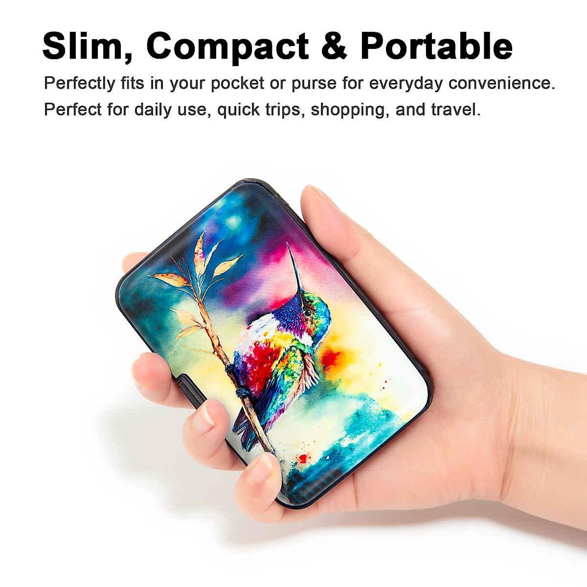 Kaabao Credit Card Holder for Women Men RFID Blocking Wallet Small Business Metal Slim Mini Aluminum Hard Case (Watercolor Painting Hummingbird)