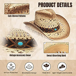 Men's & Women's Western Style Cowboy / Cowgirl Straw Hat with Bull Big Bead Band - Beige