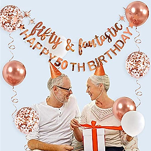 Rose Gold Fifty & Fantastic Happy 50th Birthday Banner Garland Foil Balloon 50 for Womens 50th Birthday Decorations Hanging 50 and Fabulous Cheers to 50 Years Old Birthday Party Supplies Backdrop