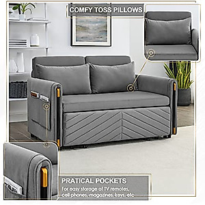 JEEOHEY Pull Out Couch Bed w/Headboard, 54" Modern Velvet Convertible Sleeper Sofa Bed, Small Love seat Sofa Bed with 2 Pillows & Detachable Side Pockets for Small Space, Living Room, Apartment, Grey