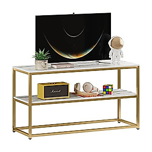 Function Home TV Stand for TVs up to 50 Inch, 3 Tier Entertainment Center, Modern TV Cabinet with Marble Top and Gold Metal Base, 42" Media Console Table with Storage for Living Room Bedroom