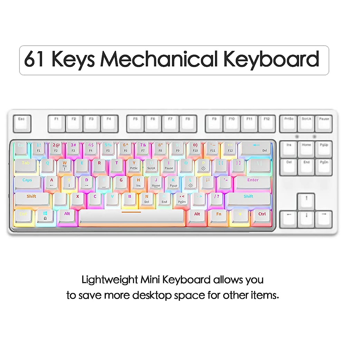 abucow Mechanical Keyboard Wired 60% Gaming Keyboard with 18 Style Colorful RGB Backlit Custom 63 Swappable keycaps (White&RGB)