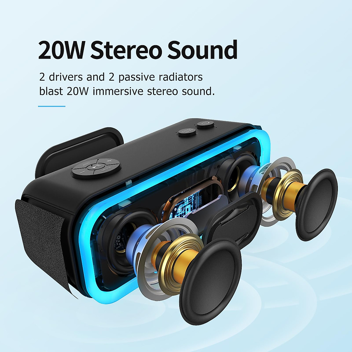 DOSS Bluetooth Speaker, SoundBox Pro Portable Wireless Speaker with 20W Stereo Sound, Active Extra Bass, IPX5 Waterproof, Wireless Stereo Pairing, Multi-Colors Lights, 20 Hrs Playtime -Black