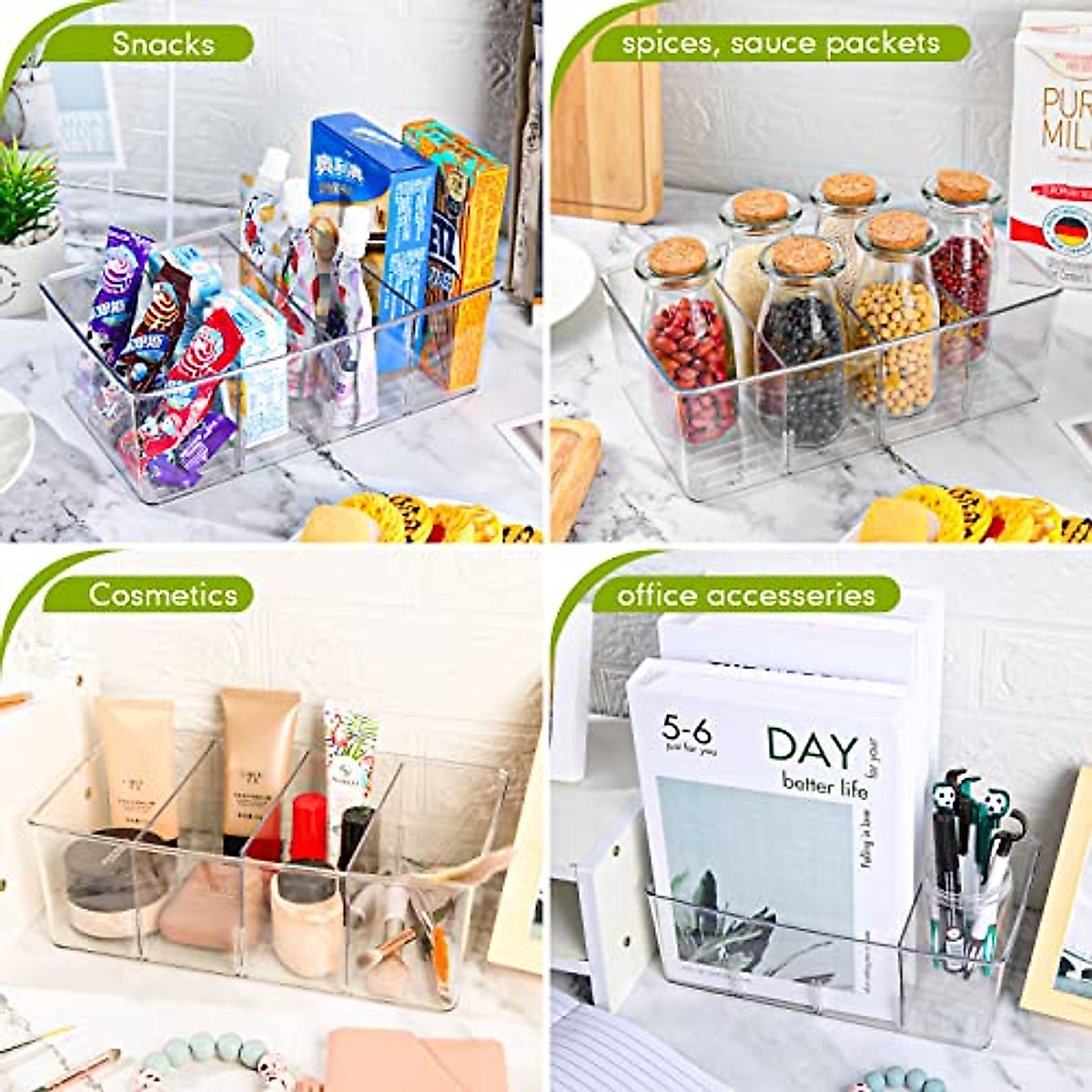 12 Pcs Food Storage Organizer Bins Acrylic Snack Organizer for Pantry Clear Bins with 3 Removable Dividers Refrigerator Organizer Bins Stackable Storage Bins Containers for Kitchen Fridge Cabinet