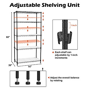 WDT 5 Tier Shelf Shelving Unit with Liners,Adjustable Metal Shelves for Storage, NSF Certified Wire Shelving Rack,1250bs Capacity Storage Shelves for Kitchen Garage,14" D×30" W×60" H