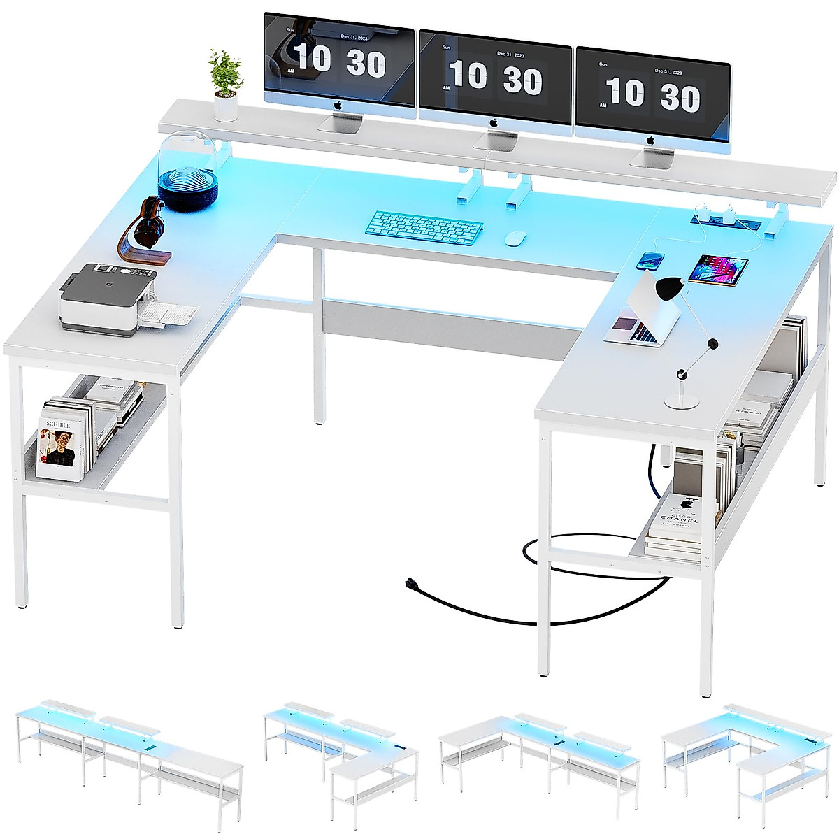 iSunirm Customizable U Shaped Desk, Reversible L Shaped Computer Desk with Adjustable Monitor Stand & Power Outlets & LED Strip Light, Large Office Desk with Storage Shelves, Home Gaming Table, White