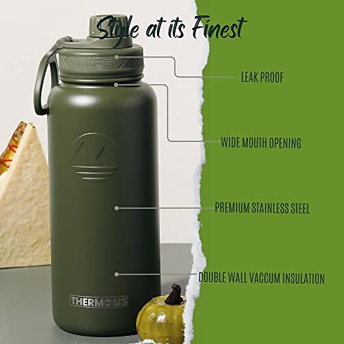 Thermosis 32 oz Insulated Water Bottle With Straw, 1 Liter Stainless Steel Water Bottles with 2 Lids (Straw and Handle Lids). Wide Mouth Travel Metal Water Bottle for Sports and Gym - Army Green