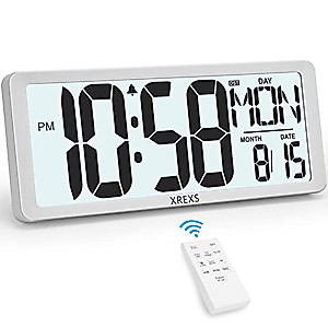 XREXS Large Digital Wall Clock with Backlight, 14.17 Inch Large Display Wall Clock with Remote Control, Count Up & Down Timer, Battery Operated Digital Wall Clock with Temperature, Date&Week for Home