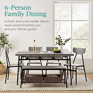 Best Choice Products 6-Piece 55in Modern Dining Set for Home, Kitchen, Dining Room w/Storage Racks, Rectangular Table, Bench, 4 Chairs, Steel Frame - Gray
