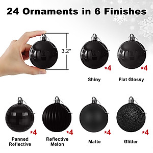 Black 3.2" Large Christmas Balls - Christmas Tree Decoration Ornaments Shatterproof Hanging Balls for Birthday Halloween Holiday Wedding Decorations Set of 24pcs