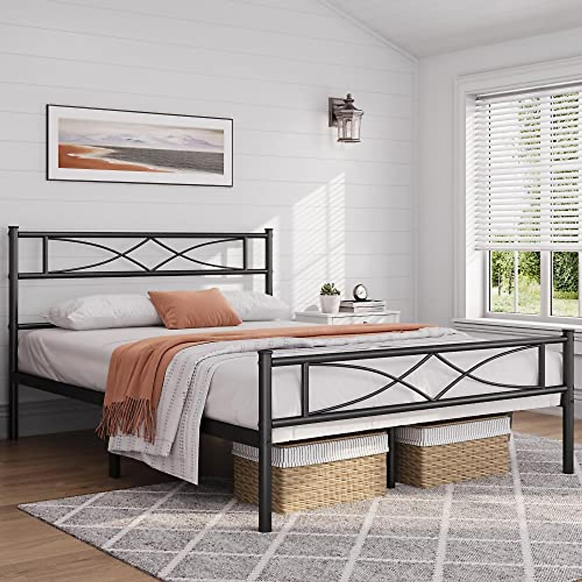 Yaheetech Metal Queen Size Bed Frame, Platform Bed Frame, Mattress Foundation with Curved Design Headboard & Footboard, NO Box Spring Needed, Heavy-Duty Support, Easy Assembly, Queen, Black