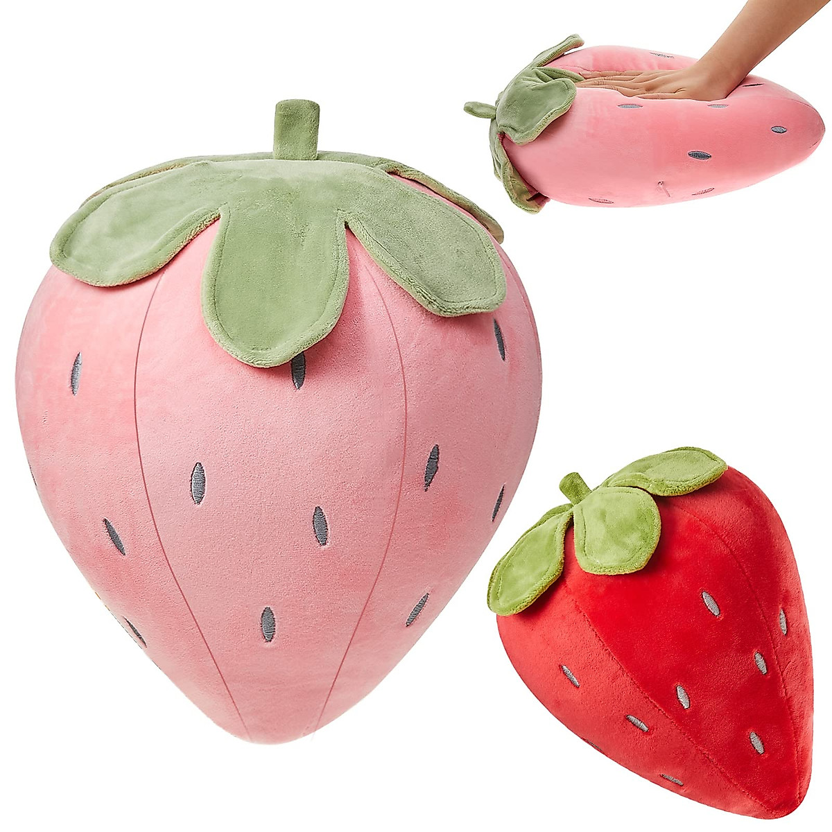 Juexica 2 Pcs Strawberry Plush Pillows Fruit Kids Pillow Soft Kawaii Strawberry Decor Aesthetic Cute Pillows Stuffed Strawberry Pillow for Room Home Car Decoration Birthday Gifts, Red Pink