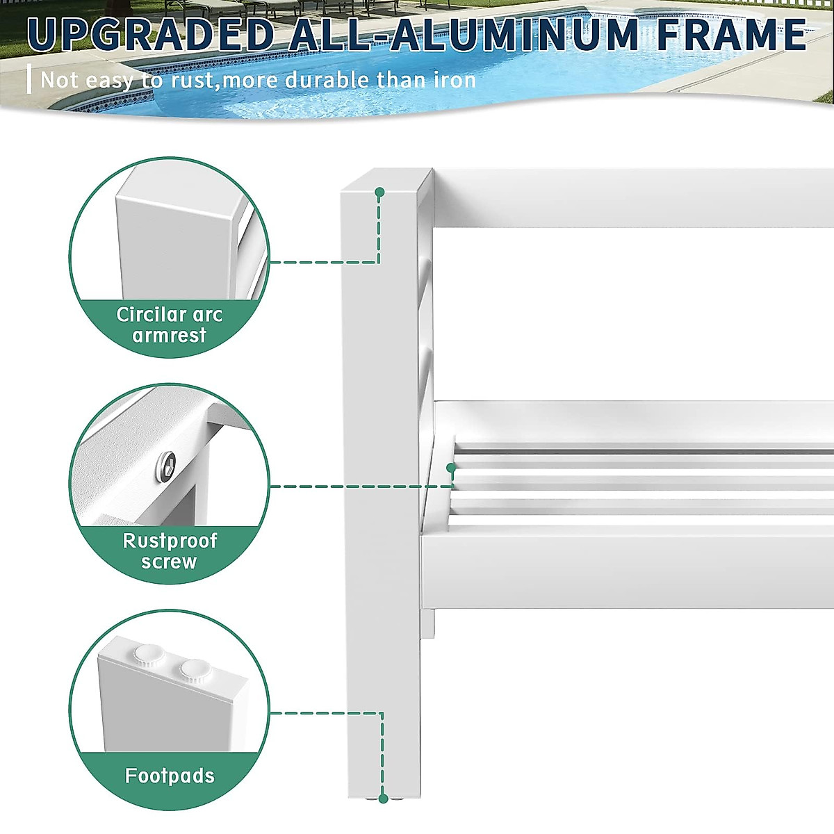 Amopatio Oversized Patio Furniture Aluminum Loveseat, All-Weather Outdoor 2 Seats Sofa Couch, Modern Metal Chair w/ 5 Inch Cushions, White&Blue (Include Waterproof Sofa Covers)