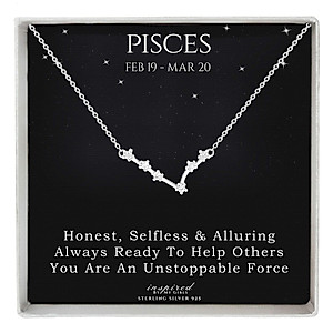 Sterling Silver Zodiac Constellation Necklace Astrology Horoscope Keepsake Card Gift For Women - Pisces (Feb 22 - Mar 21)
