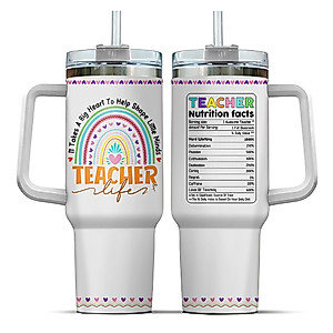 99WHALE Tumblers Cups Coffee Water Life For Insulated Gift Women Handle Straws Heart, Teacher Gifts, Tumbler 40 Oz With Handle Lid And Straw, Teacher Rainbow Nutrition Facts