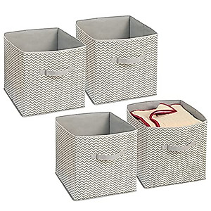 mDesign Large Soft Fabric Closet, Home Storage Organizer Cube Bin Box, Front Handle - Storage for Closet, Bedroom, Furniture Shelving Units - Chevron Zig-Zag Print, 12.75" High, 4 Pack - Taupe/Natural