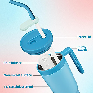 Konokyo Insulated Tumbler with Handle and Straw,40 OZ Vacuum Stainless Steel Water Bottle Travel Mug Metal Cup with Fruit Diffuser,Dark Blue