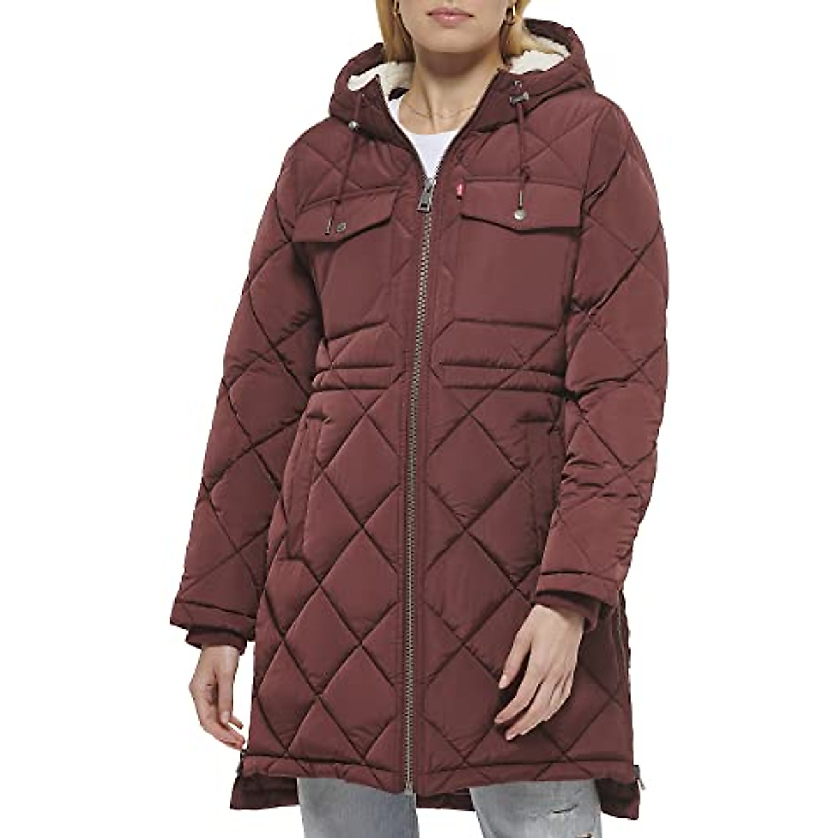 Levi's Women's Soft Sherpa Lined Diamond Quilted Long Parka Jacket (Standard & Plus Sizes), Merlot, Medium