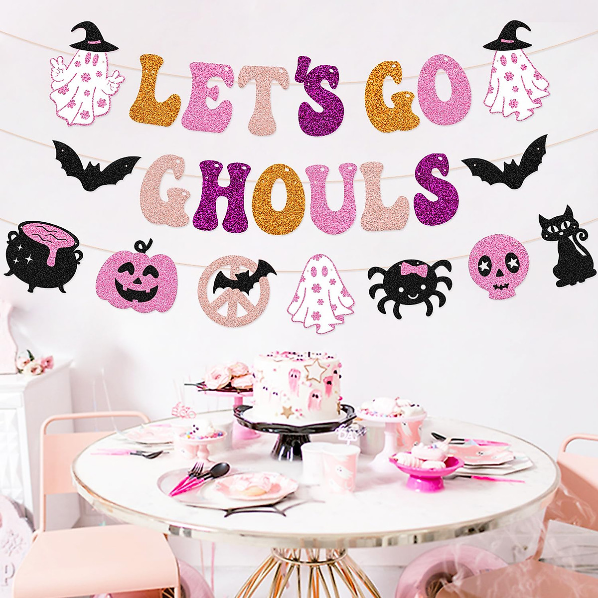 Let’s Go Ghouls Banner Hippie Halloween Party Decorations Retro Groovy Halloween Garland Ghost Bats Pumpkin Skull Cats Spider Witches Theme Halloween Bachelorette Party Supplies