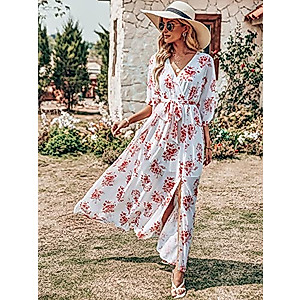 ANRABESS Women Kimono Summer Side Split Wrap V Neck Short Sleeves Maxi Dress Floral Print Beach Dress with Belt 487honghuacao-XL