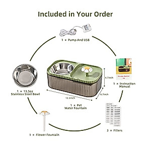 JEERAMIA Cat Water Fountain and Food Bowl, 3L/101oz Ultra Quiet Pet Water Dispenser with Smart Pump and 3 Replacement Filters, Automatic Flower Fountain & Stainless Steel Bowl (Black & Green)
