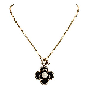 Fashion Jewelry designer statement enamel rhinestone camellia flower faux pearl charm pendant necklace for women (Black)