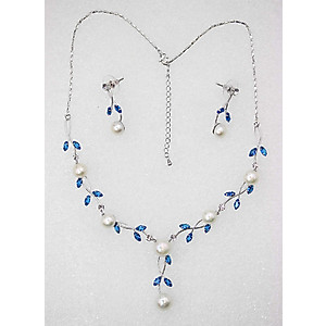 Faship Gorgeous Blue CZ Crystal Genuine Freshwater Pearls Floral Necklace Earrings Set - Blue