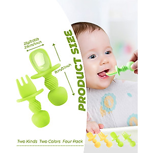 4 Pcs Baby Spoons Self Feeding 6 Months, Silicone Baby Spoons First Stage, Toddler Utensils for Baby Led Weaning with 2 Cases (Yellow, Green)