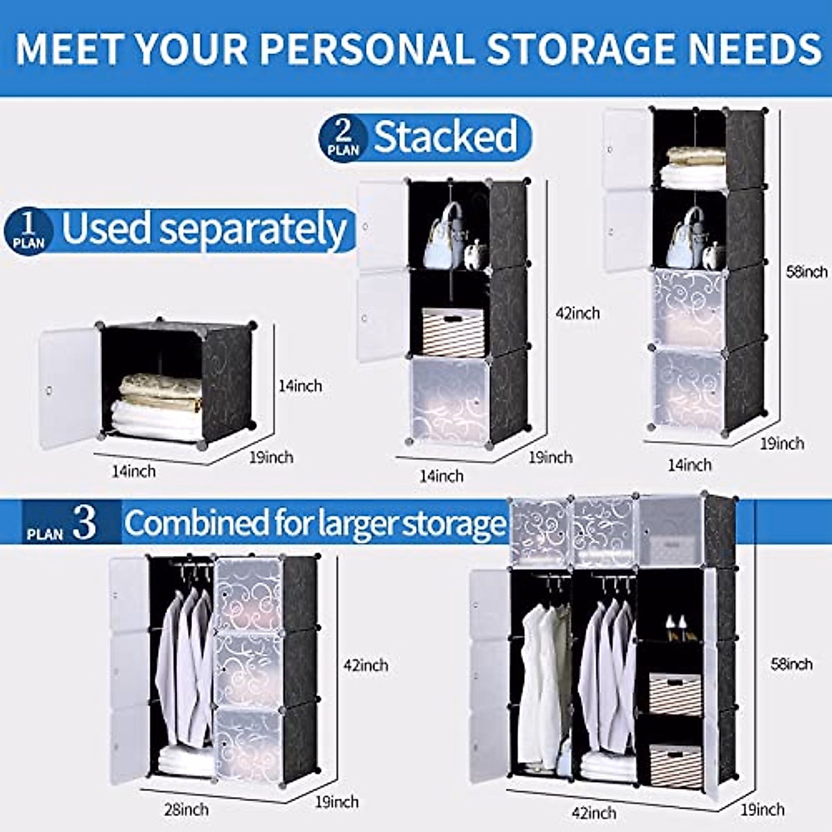 BRIAN & DANY Portable Wardrobe Closet - Cube Storage Organizer with 2 Hanging Rails, Modular Wardrobe for Space Saving, Bedroom Armoires for Toys, Shoes, Clothes - 12 Cubes