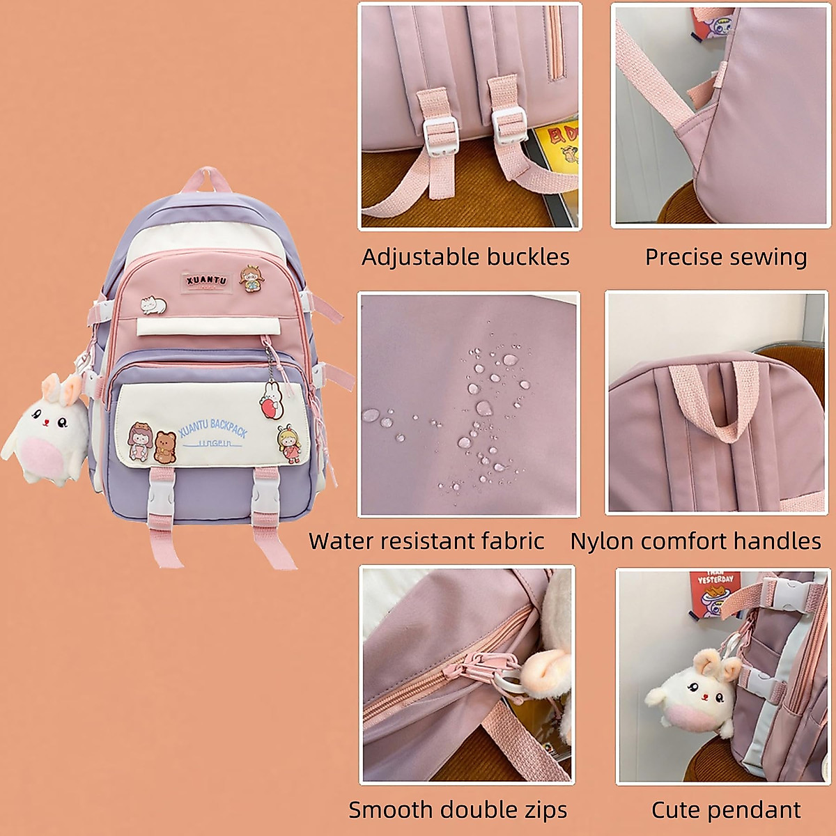 Mfikaryi kawaii Girls Backpack with Cute,Aesthetic Backpacks for School Bags,Bookbag with Cute Plush Pendant for Teens