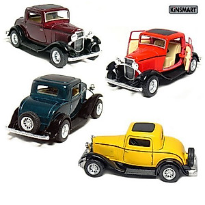 Kinsmart Set of 4: 5" 1932 Ford 3-Window Coupe 1:34 Scale (Green/Maroon/Red/Yellow) Toy, Multicolor for Unisex Children