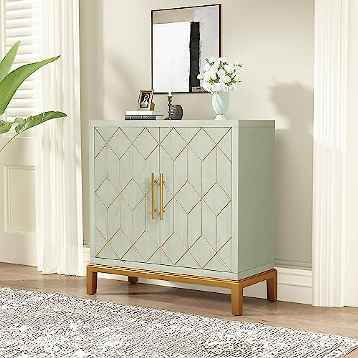 ARTPOWER Accent Cabinet with Doors, Modern Wooden Sideboard, Carved Decorative Storage Cabinets for Bedroom, Living Room, Kitchen, Office, and Hallway, Green with Gold Legs