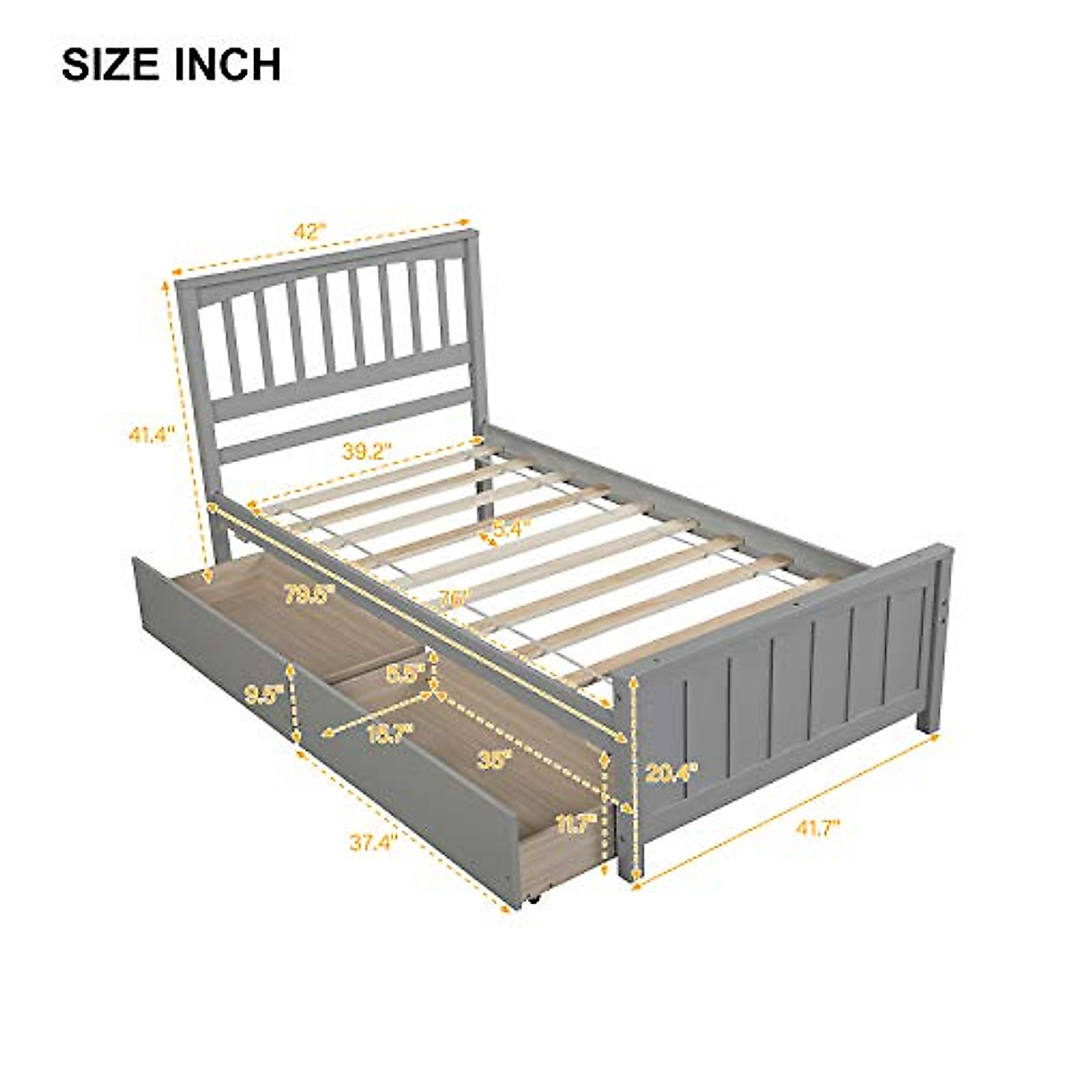 Harper & Bright Designs Twin Bed Frame with Drawers, Kids Platform Twin Bed with Storage, Solid Wood, No Box Spring Needed (Light Grey (Drawers))