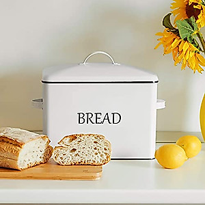 EXTRA LARGE Bread Box with 2 Lids - Metal & Bamboo Lid - White Metal Bread Box for Kitchen Countertop - Holds 2+ Loaves - Farmhouse Bread Box - Bread Storage Ventilation Holes - XXL Bread Bag