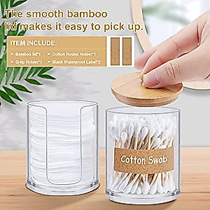 TCJJ Acrylic Cotton Round Pad Holder and Qtip Holder Dispenser Set with Bamboo Lid, Stackable, Clear Plastic Bathroom Vanity Organizer for Makeup Cotton Pad Swab Ball (Bamboo Lid)