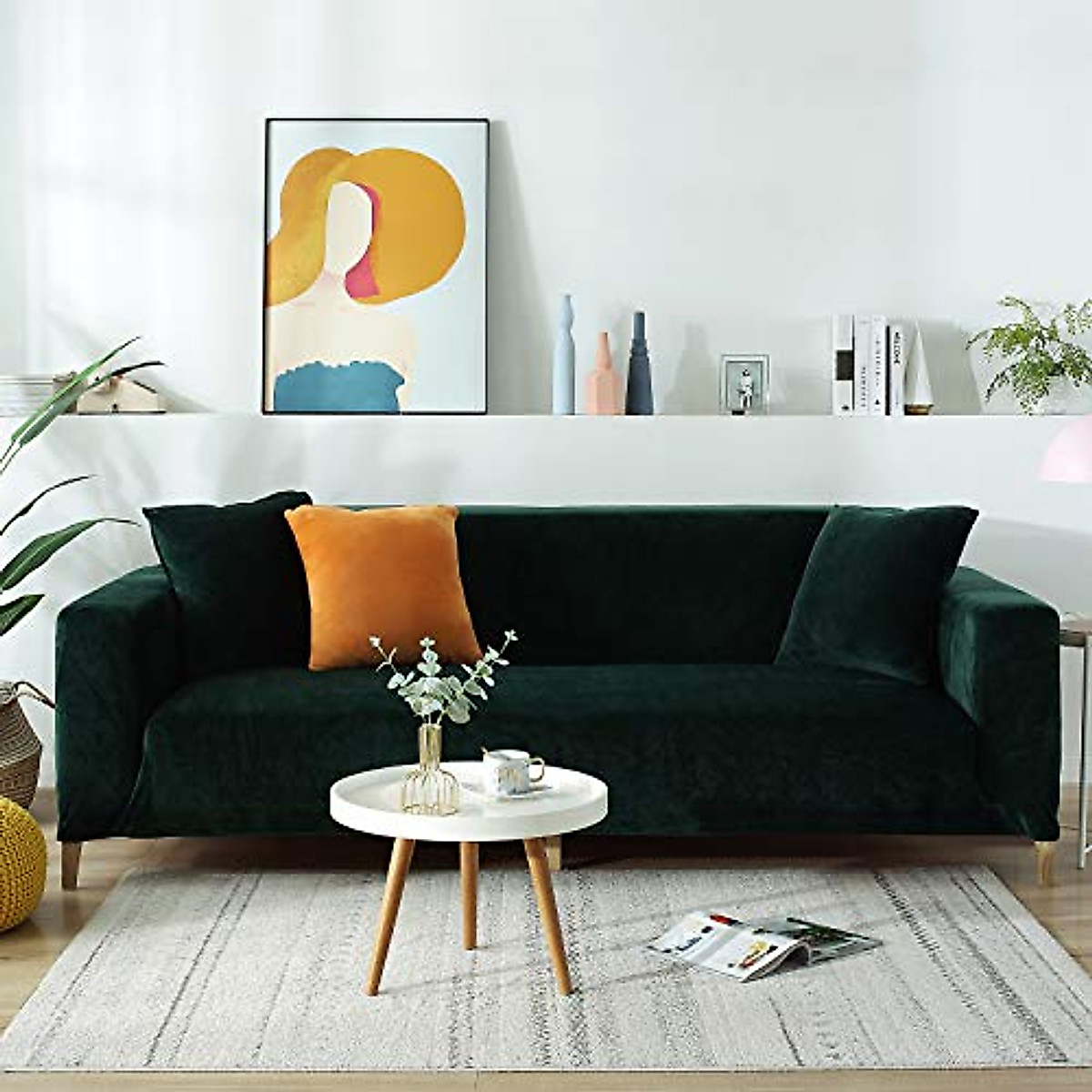 Foreate Stretch Velvet Sofa Slipcover Non-Slip Couch Covers for Loveseat/3 Cushion/4 Cushion Sofa/L Shaped Sofa, Sofa Protector from Kids and Pets with Elastic Bottom, Washable, Green