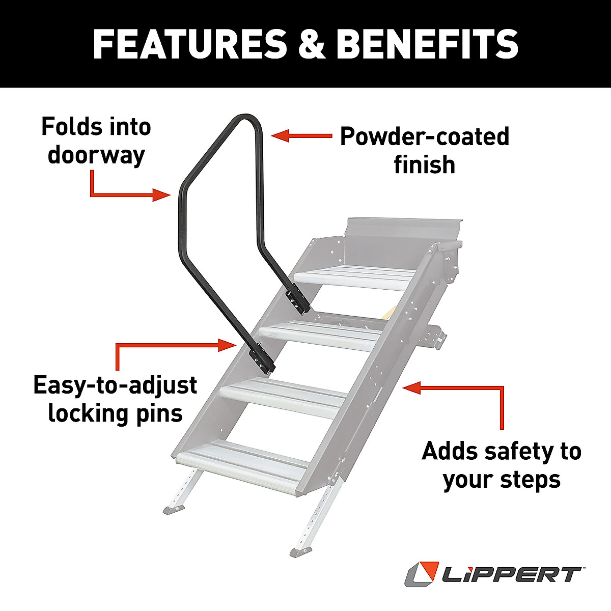 Lippert Solid Step Entry Assist Handrail, Accommodates Door Widths up to 36”, Easy Installation, Locking Pins for 5” Adjustment, for 5th Wheel RVs, Travel Trailers, Motorhomes - 799640, Black