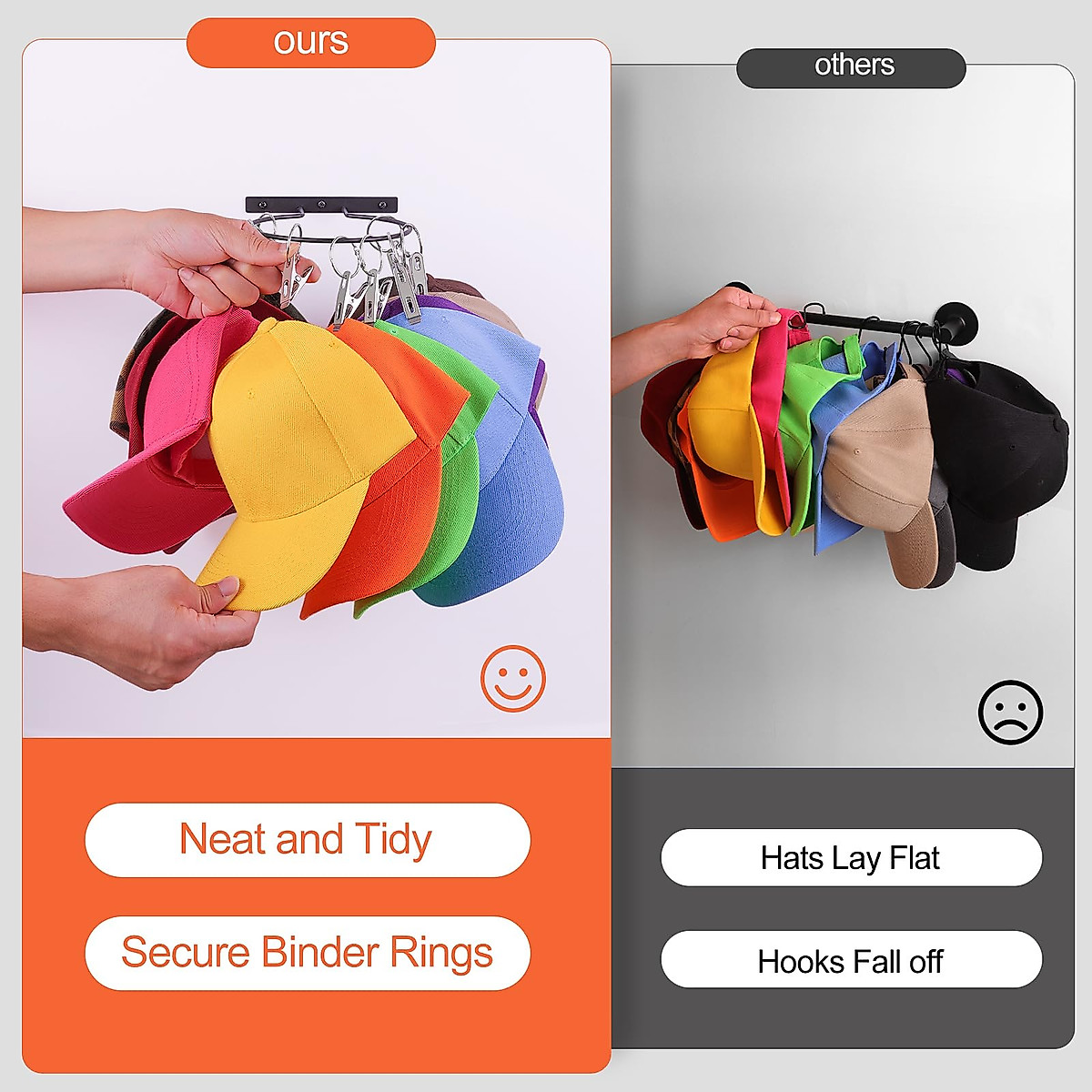 HOUSE AGAIN Hat Rack for Wall 2 Packs Hat Organizer and Storage for 20 Baseball Caps, Metal Hats Holder Wall-Mounted with 20 Stainless Steel Clips, Fits All Caps, for Men&Women