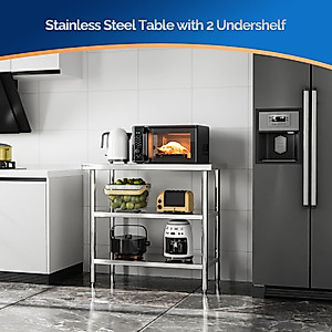 ROVSUN Stainless Steel Table with 2 Shelves 36 X 18 Inch, NSF Commercial Heavy Duty Prep & Work Table, Metal Utility Table for Kitchen, Restaurant, Home, Hotel, Garage