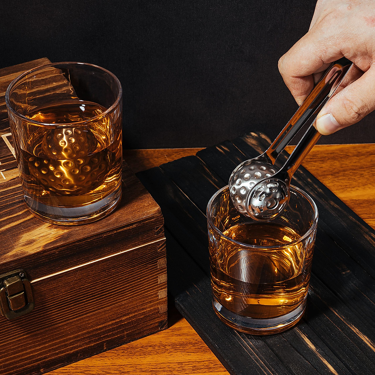 Luxurious Bar Gift Set - Golf Whiskey Glasses - Golf Ball Chillers - Tongs - Set in Premium Wood Box by The Wine Savant - Unique Whiskey Glass Set - Golf Gifts, Golfer Gifts, Gifts for Golf Lovers