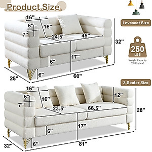 ATUMON Modern White 2 Pieces 81" 3-Seater Teddy Fabric Sectional Sofa Set,Comfort Fabric Sectional Sofa-Deep Seating Sectional Sofa with 6 Pillows,Solid Wood Frame+Gold Metal Legs…