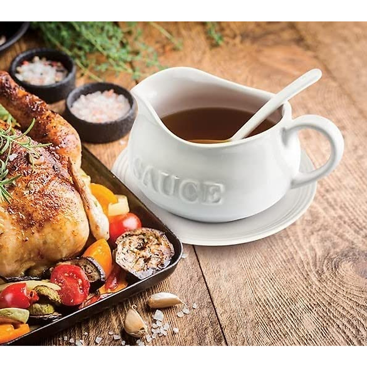 24 Oz Gravy Boat, Tray and Ladle | Ceramic White Gravy Dish With The Word "Sauce" On It