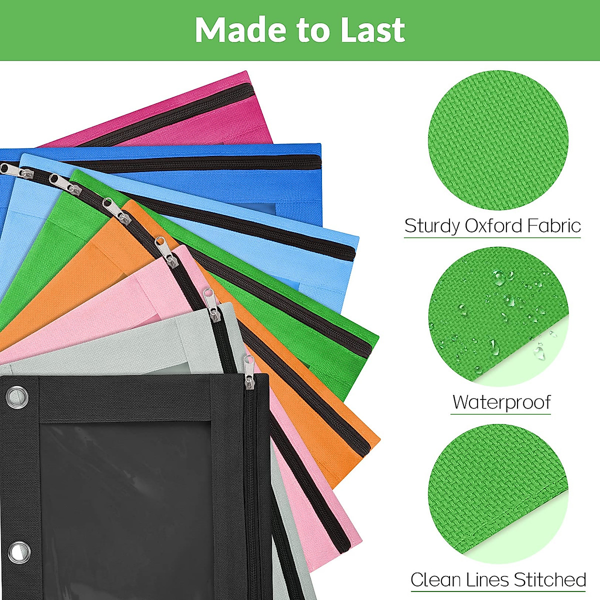 Sooez Pencil Pouch for 3 Ring Binder, 2 Pack Binder Pencil Pouch with Clear Window Pencil Bags with Zipper & Reinforced Grommets, Pencil Case for Binder Blue & Green