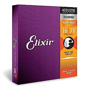 Elixir Strings, Acoustic Guitar Strings, 80/20 Bronze with NANOWEB Coating, Longest-Lasting Bright and Focused Tone with Comfortable Feel, 6 String Set, Baritone 16 - 70