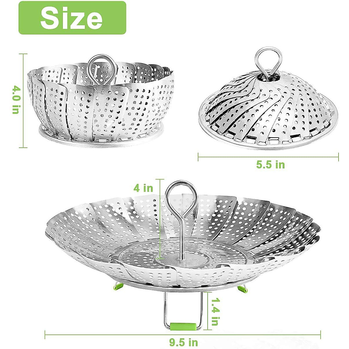 Stainless Steel Steamer Basket, Vegetable Steamer Basket for Instant Pot, Insert for Veggie/Seafood Cooking/Boiled Eggs with Safety Tool - Adjustable Sizes to fit Various Pots (5.1" to 9.5")
