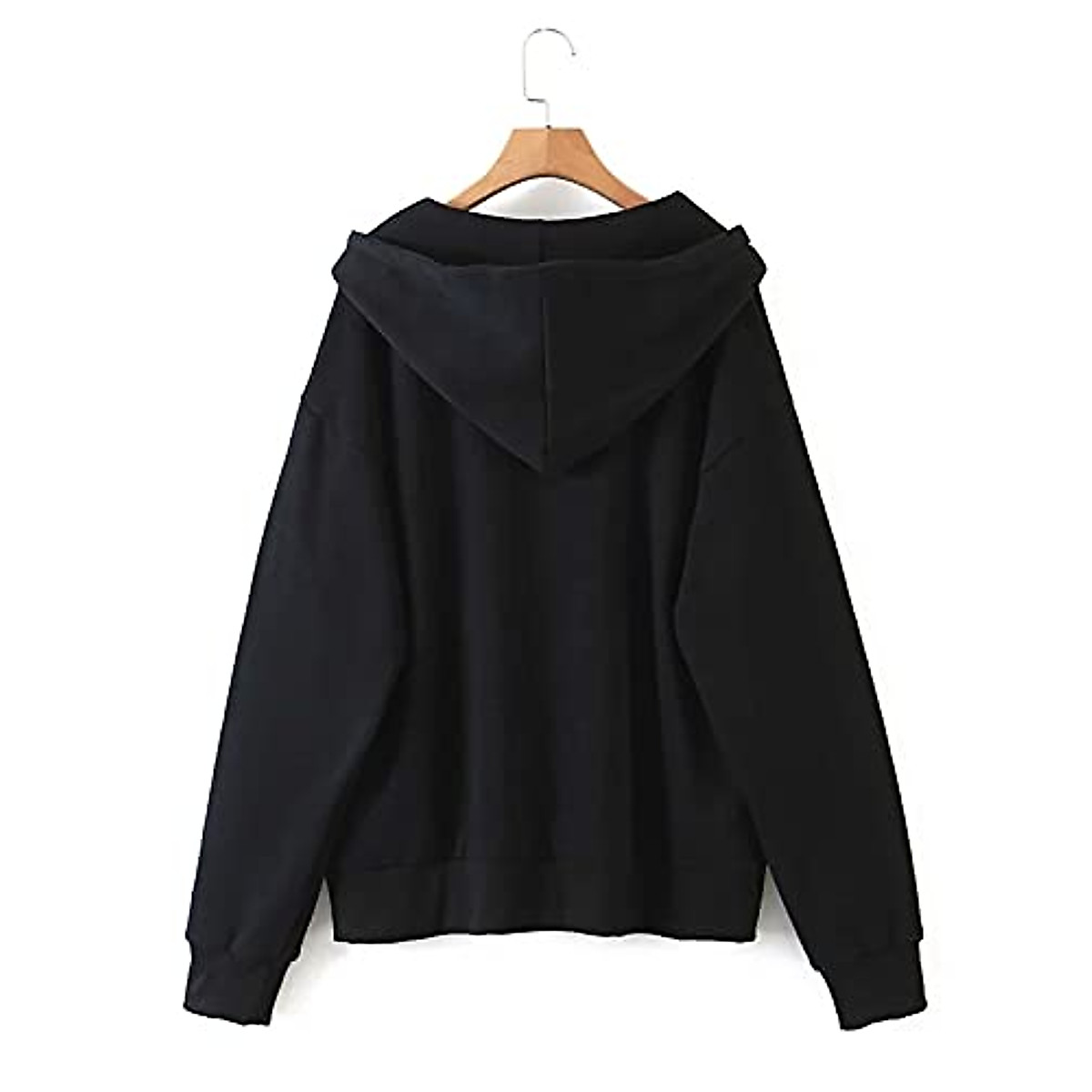 Meladyan Women Oversized Solid Zip Up Hoodie Drawstring Hooded Long Sleeve Fleece Vintage Sweatshirts Jackets Pockets 90s Black